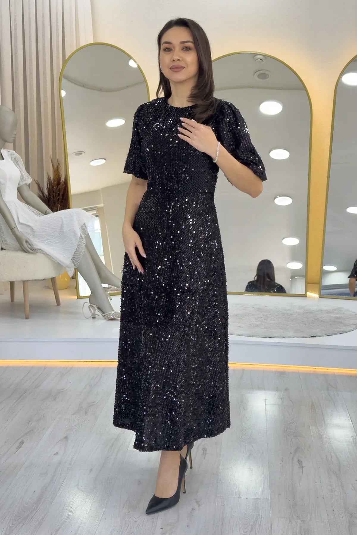 Women's Black Balloon Sleeve Sequin Midi Evening Gown – the ZKS