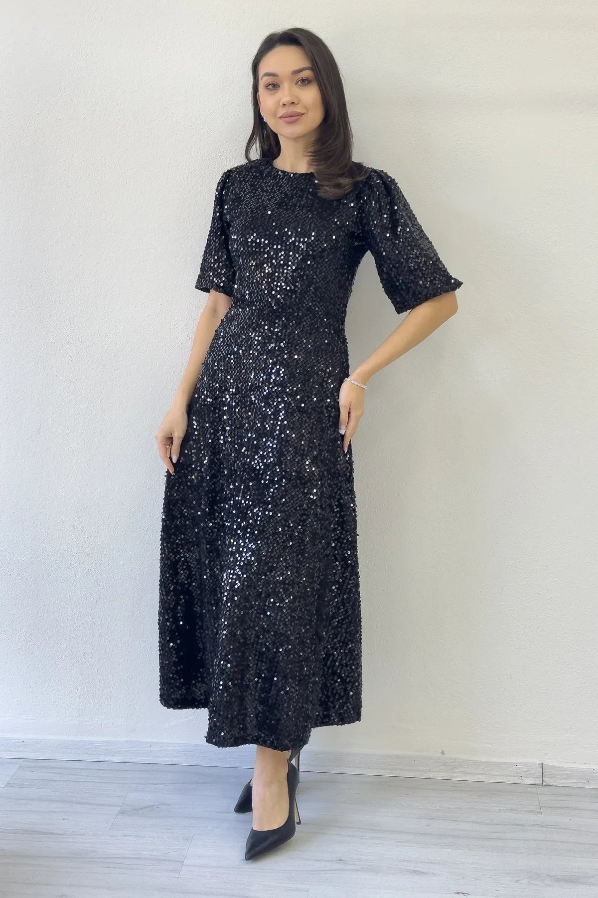 Women's Black Balloon Sleeve Sequin Midi Evening Gown – the ZKS